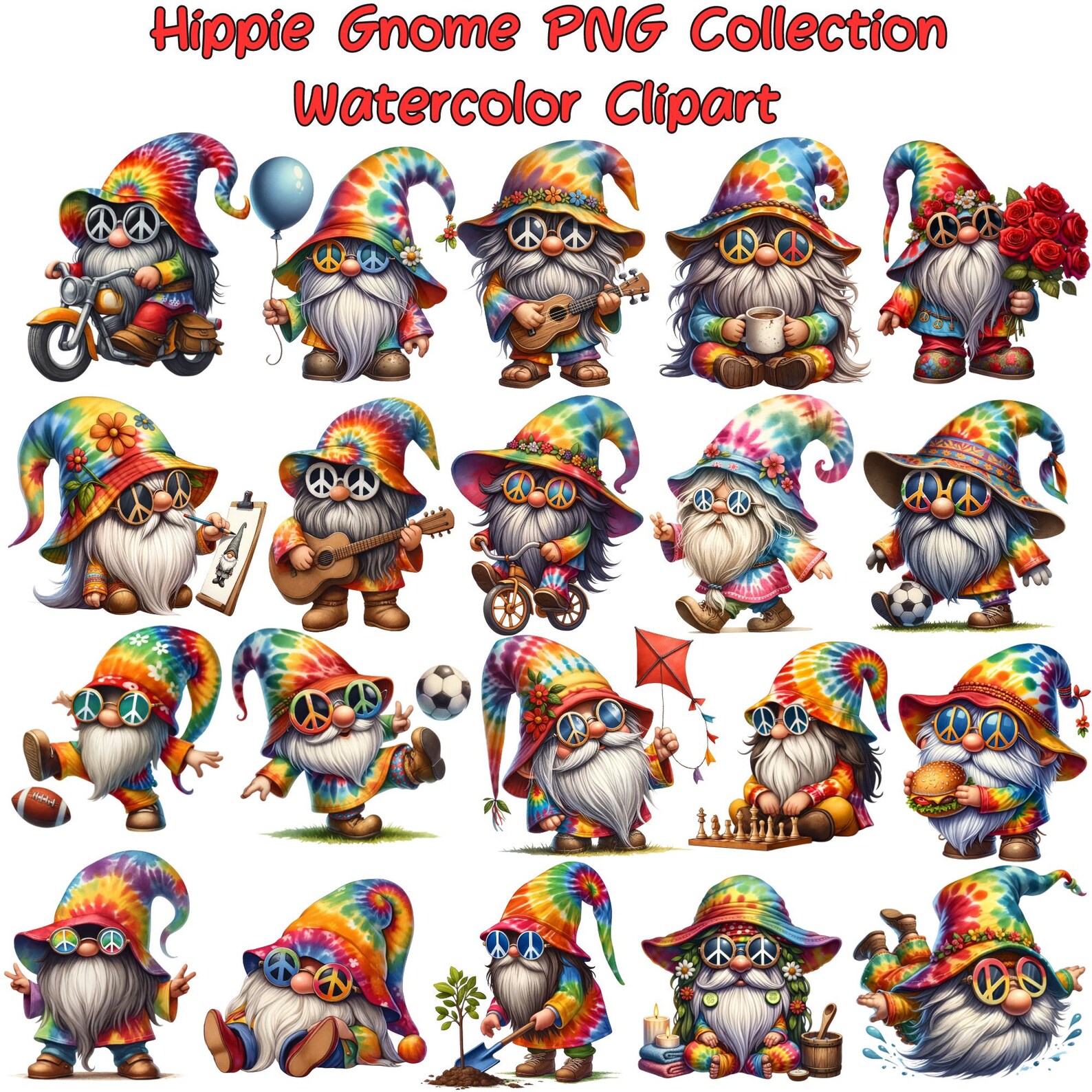 Hippie Gnome and Peace Gnome Watercolor Clipart Bundle, Hippy Gnome ...