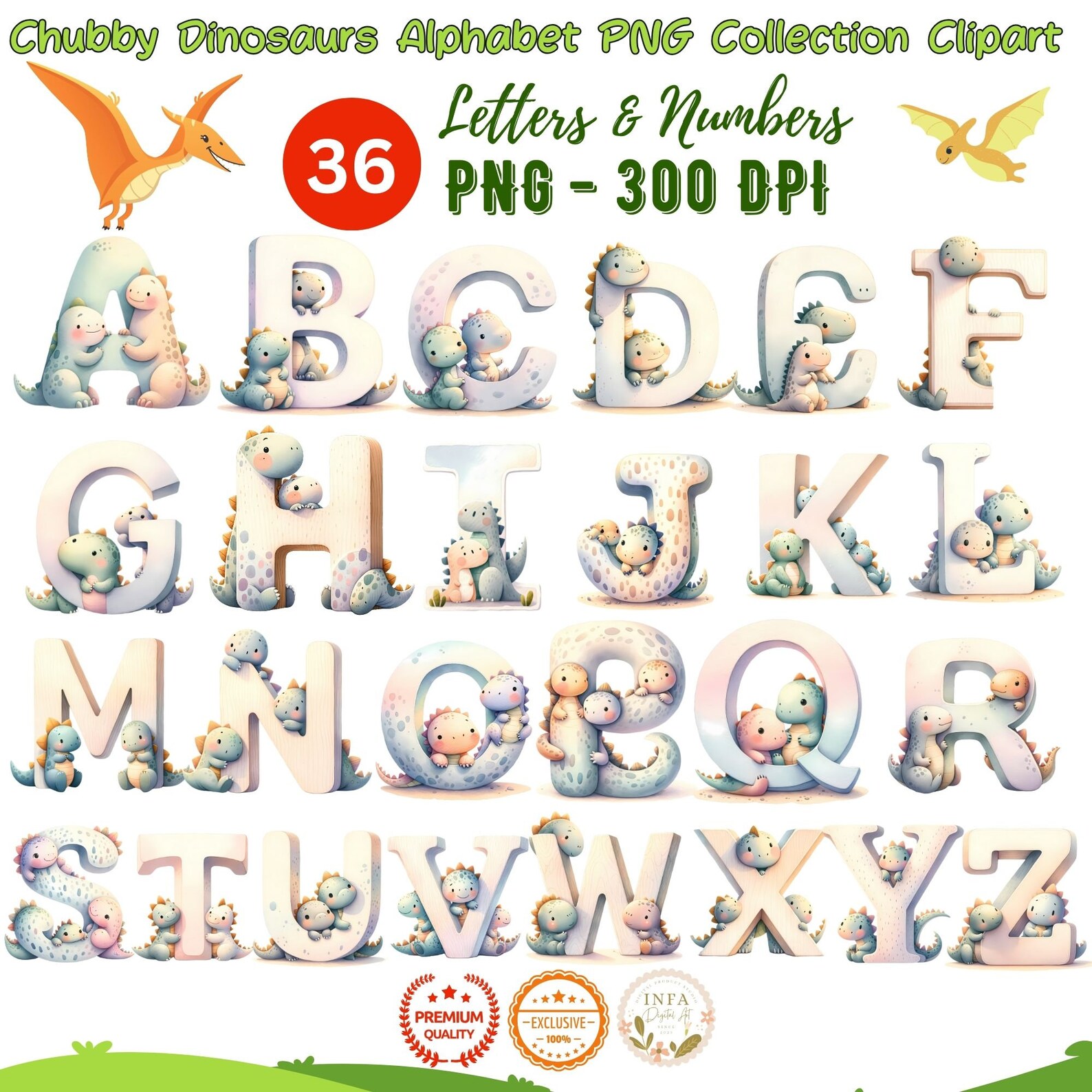 Watercolor Dinosaurs Alphabet PNG Clipart: A-Z Letters, 0-9 Numbers ...