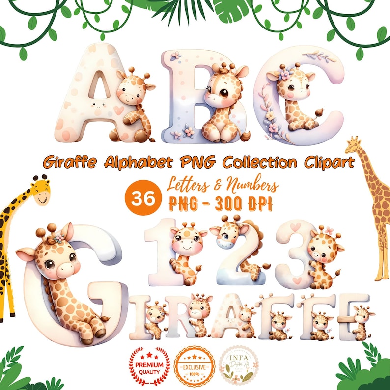 Watercolor Giraffe Alphabet Clipart: A-Z Letters & Numbers (PNG Digital ...