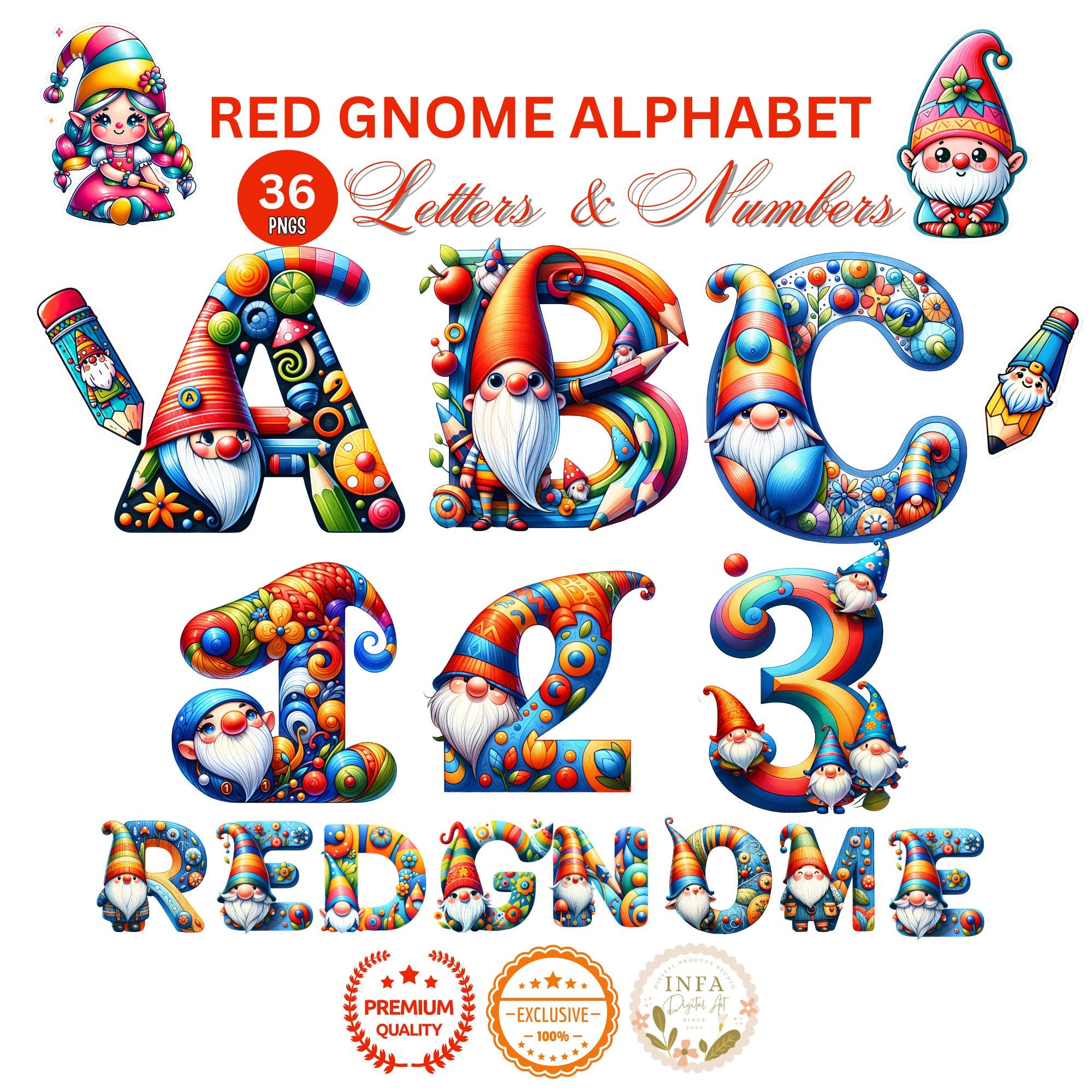 Red Gnome Alphabet and Number Watercolor Clipart, Letters & Numbers, A ...