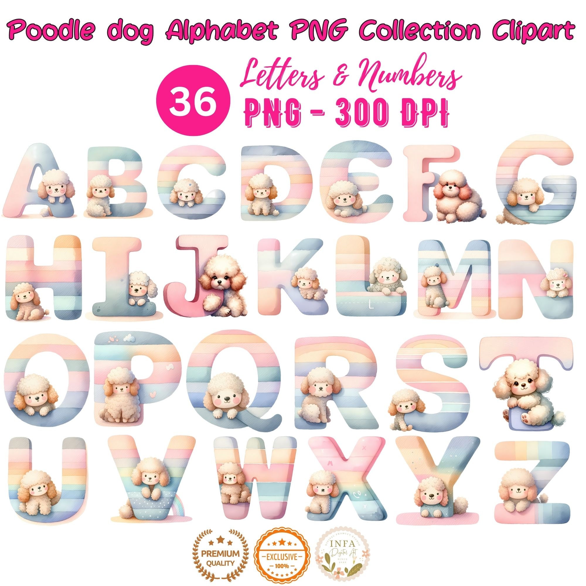 Watercolor Poodle Alphabet Clipart: A-Z Letters & 0-9 Numbers (PNG ...