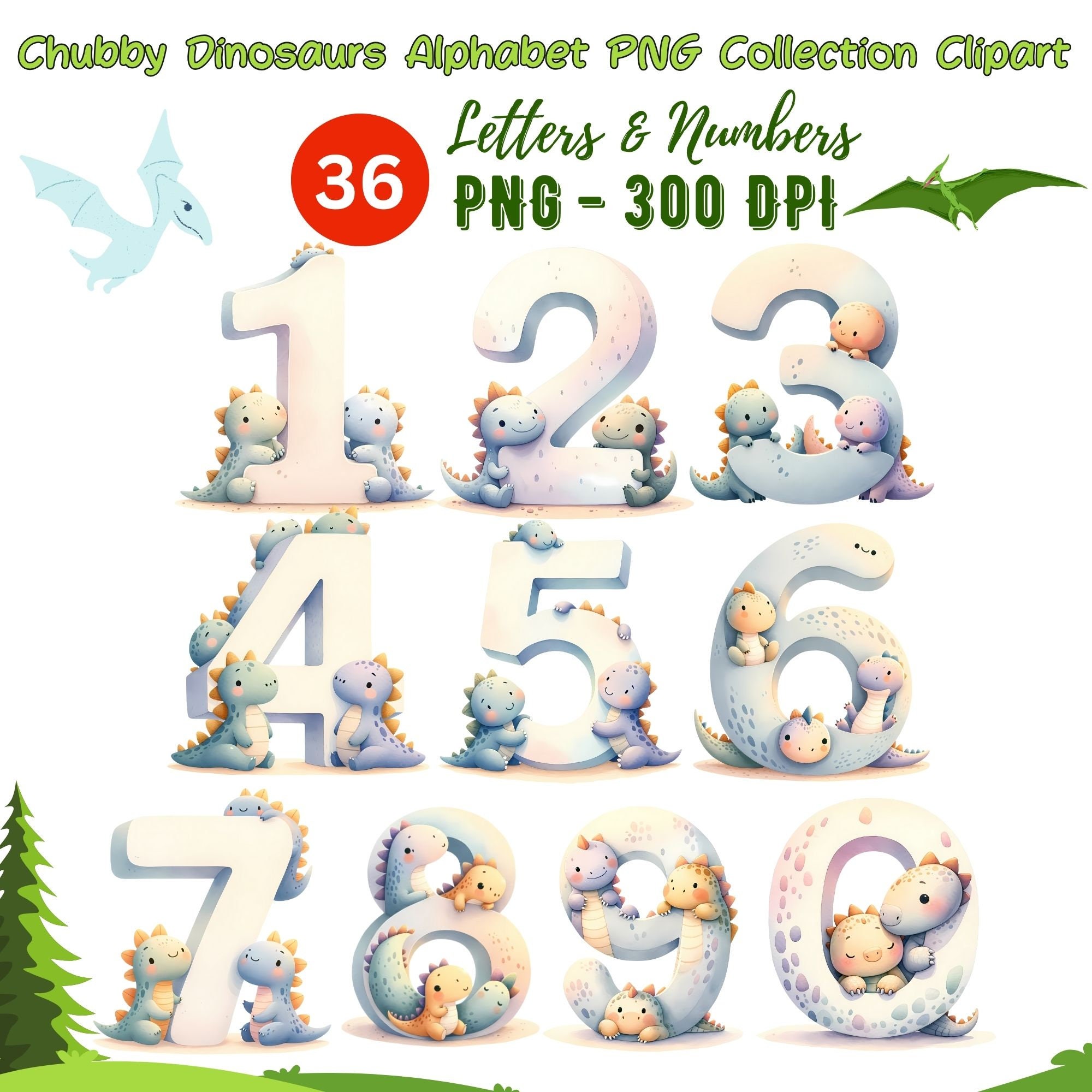 Watercolor Dinosaurs Alphabet PNG Clipart: A-Z Letters, 0-9 Numbers ...