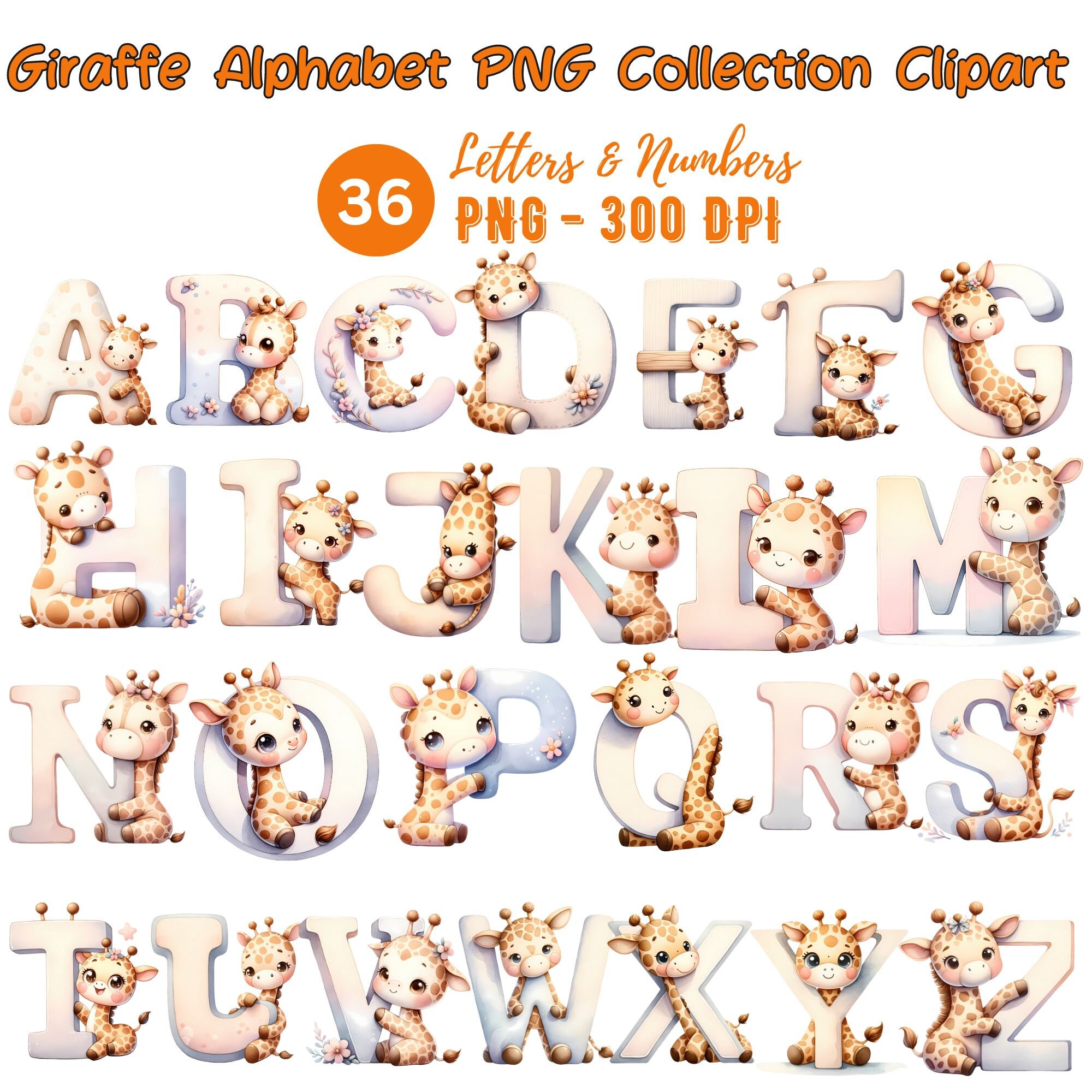 Watercolor Giraffe Alphabet Clipart: A-Z Letters & Numbers (PNG Digital ...