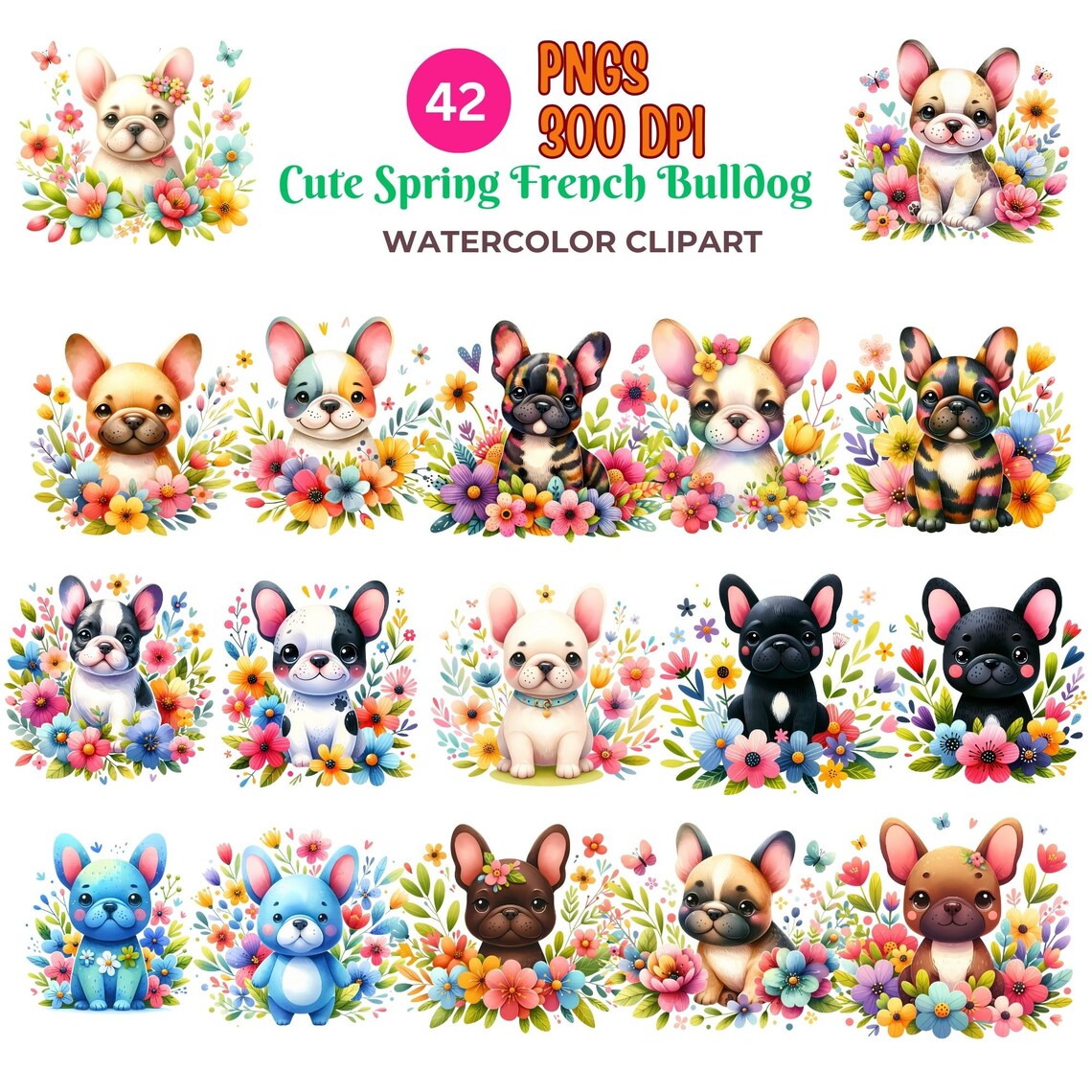 Cute Spring French Bulldog in a Watercolor Clipart-with Spring ...