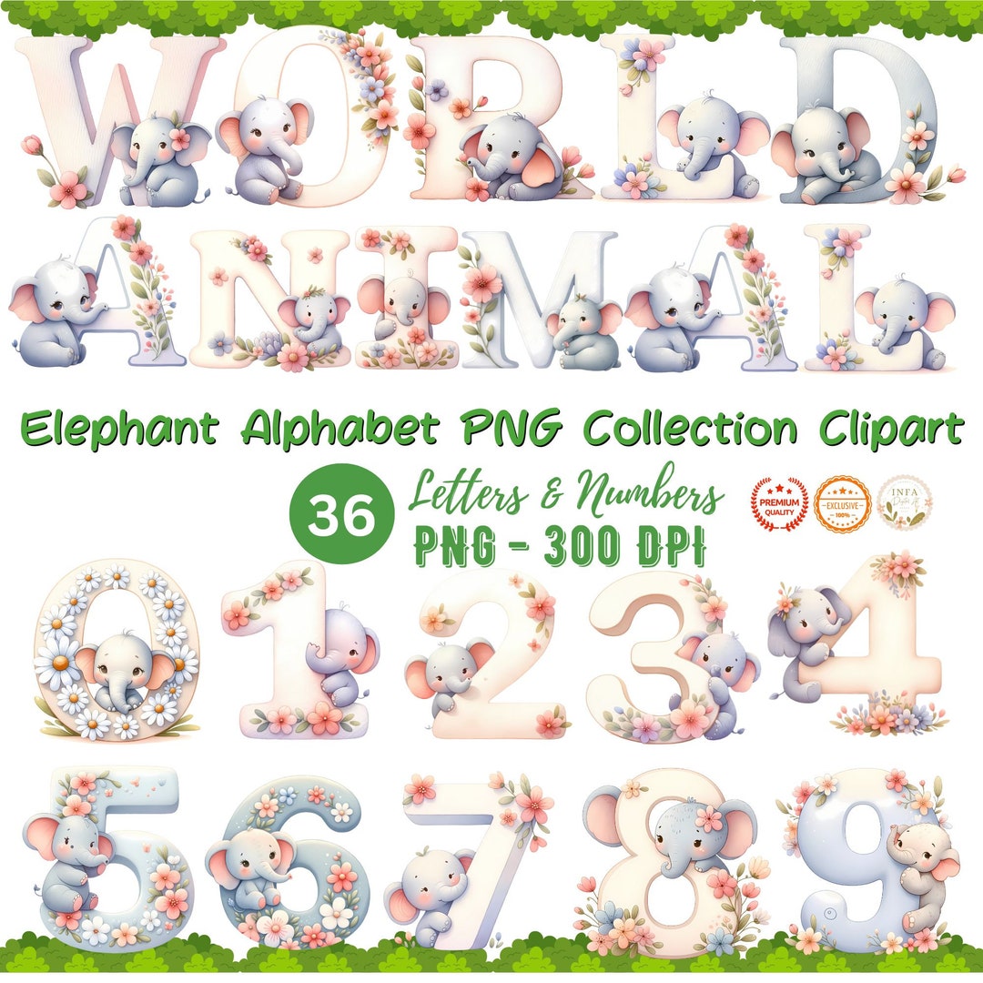 Watercolor Chubby Elephant Alphabet With a Blossom Flower Collection ...