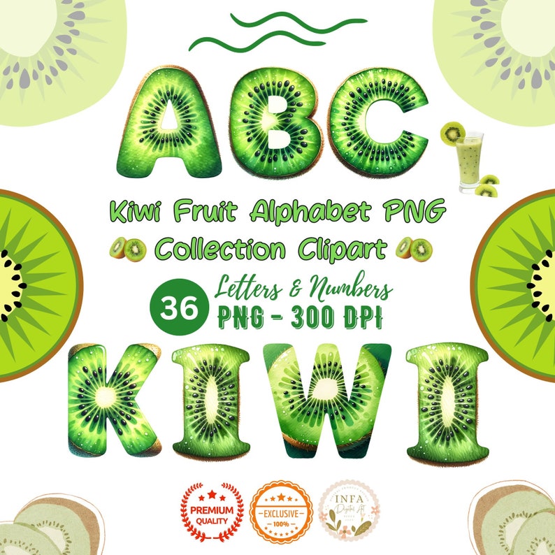 Watercolor Kiwi Fruit Alphabet Collection Clipart, Fruits PNG, Alphabet ...