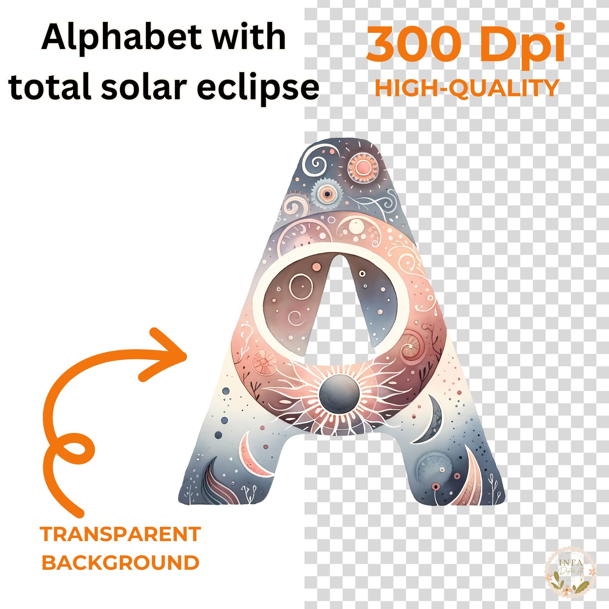 Watercolor Total Solar Eclipse Alphabet Collection Clipart, Solar ...