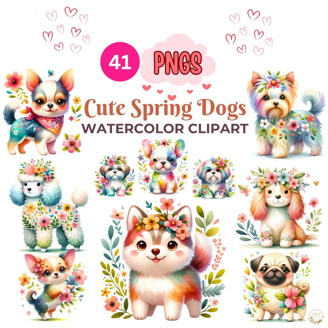 Cute Spring Dogs in a Watercolor Clipart, 41 PNG Spring Dog Clipart ...
