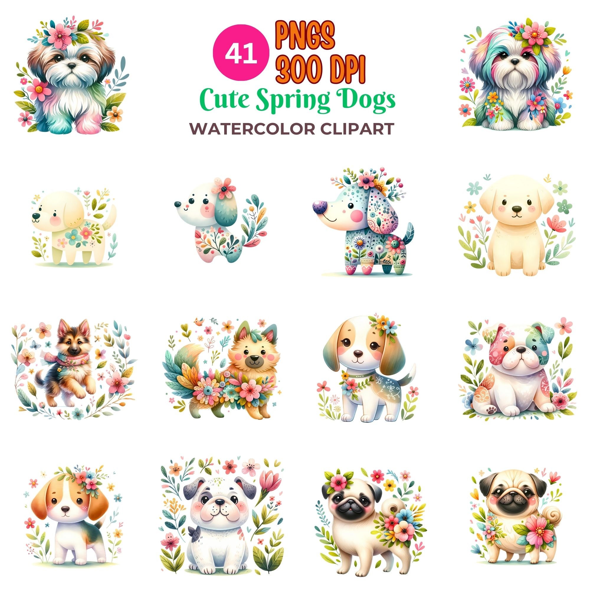 Cute Spring Dogs in a Watercolor Clipart, 41 PNG Spring Dog Clipart ...