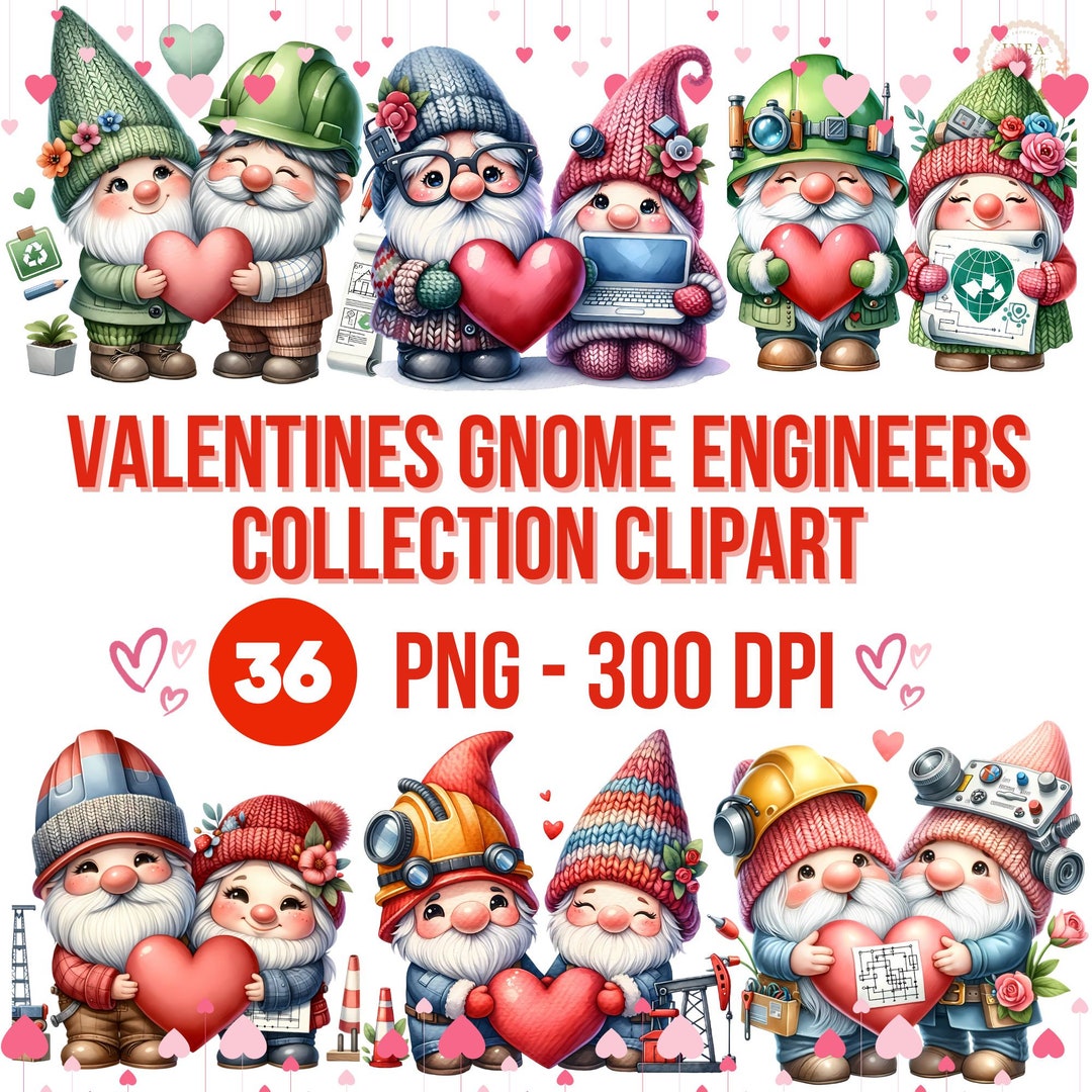 Watercolor Valentine Gnome Engineers Clipart: 36 PNG Collection ...
