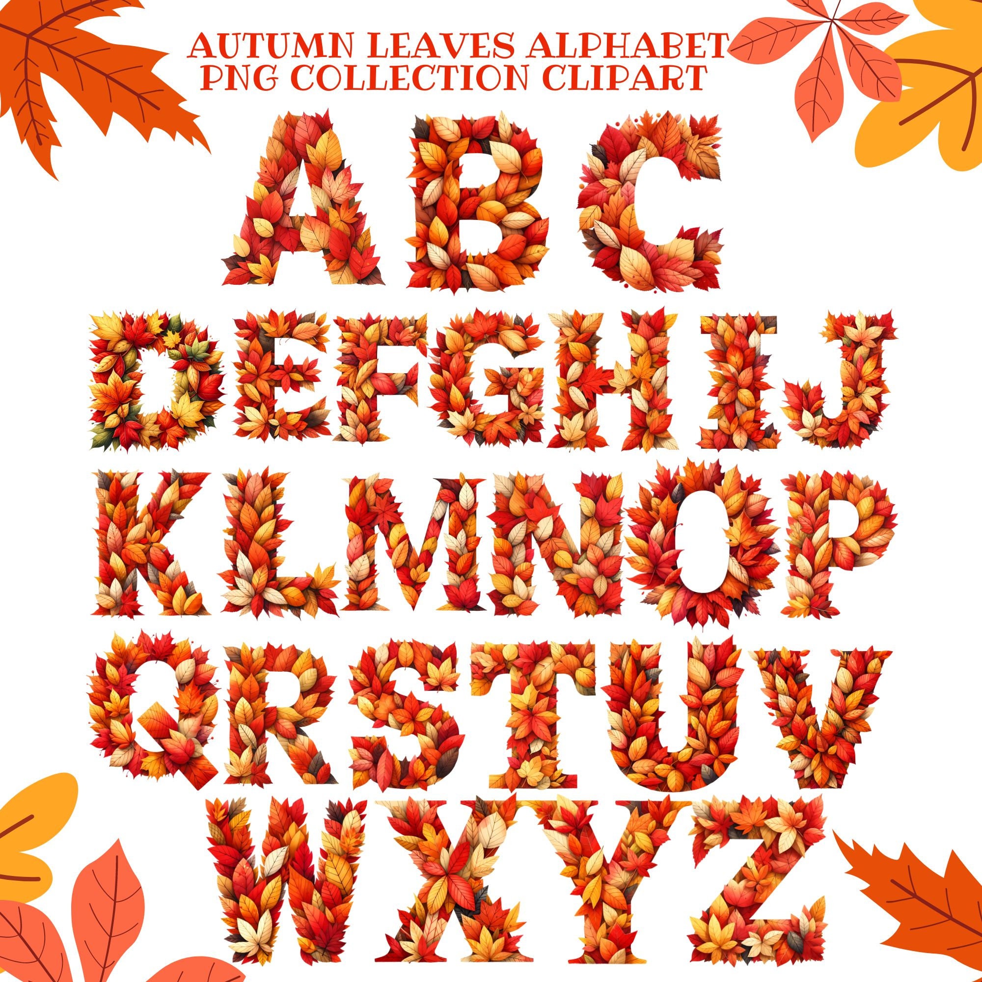 Watercolor Autumn Leaves Alphabet Clipart: PNG Font (commercial Use) - Etsy