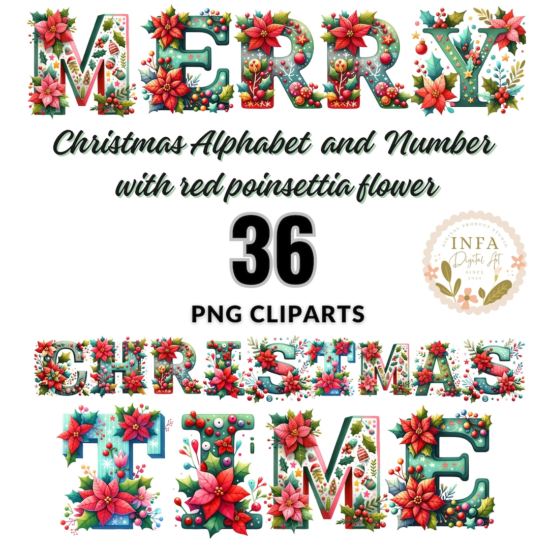 Watercolor Christmas Poinsettia Alphabet & Numbers Clipart (PNG Digital ...