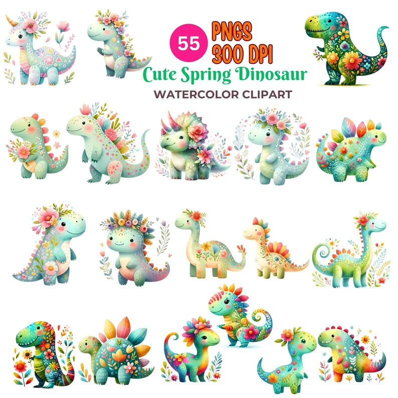 Cute Spring Dinosaur Watercolor Clipart, Dinosaur Clipart, 30 PNG ...