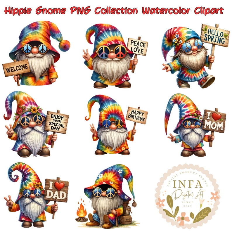 Hippie Gnome Watercolor Clipart Bundle: Peace Gnomes (PNG) - Etsy