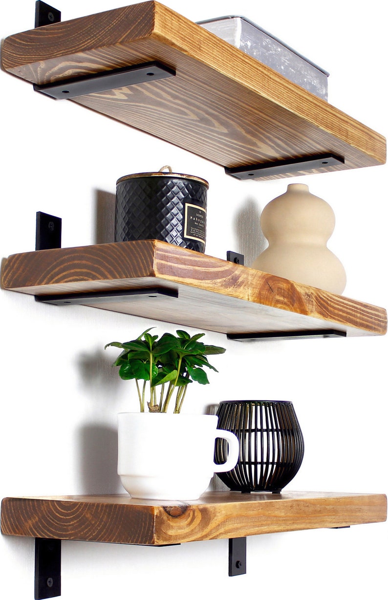 3pc Rustic Floating Shelves Industrial Wall Shelf Modern Wood Etsy