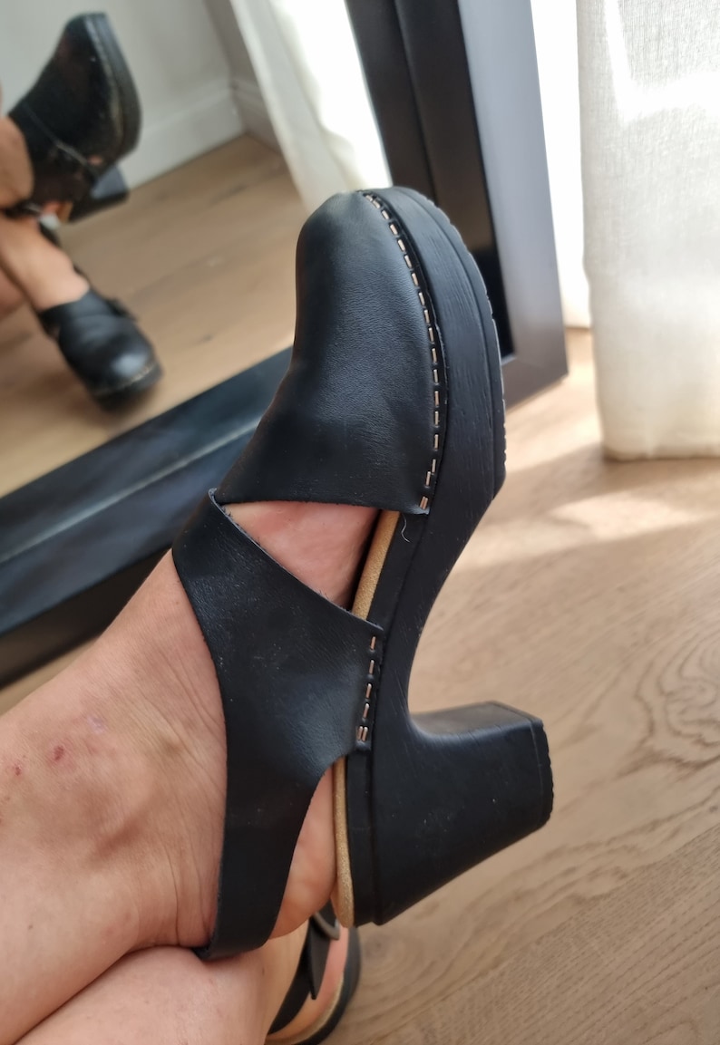 Wedge Clogs / Platform Chunky Heels / Leather Clogs / Black Leather ...