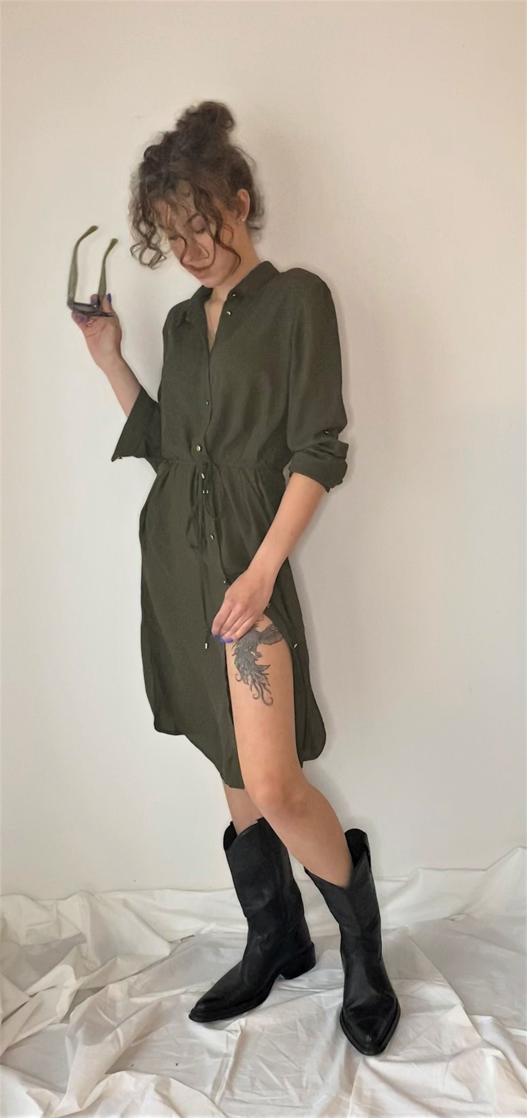 Green Office Dress / Long Green Dress / Khaki Dress / Dark Green Dress ...