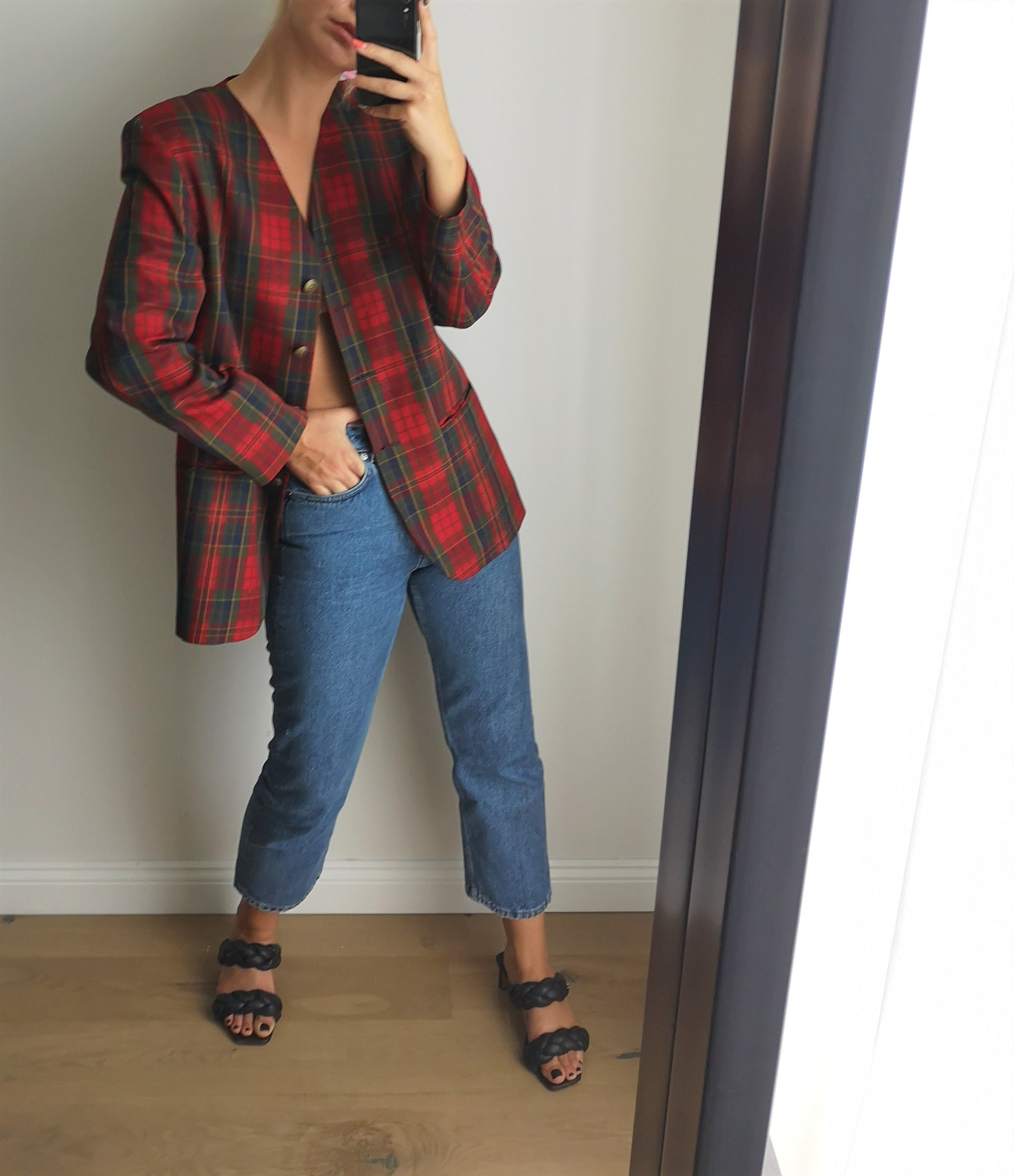 Oversized Red Jacket / Red Checkered Jacket / Wool Blazer / Red and ...