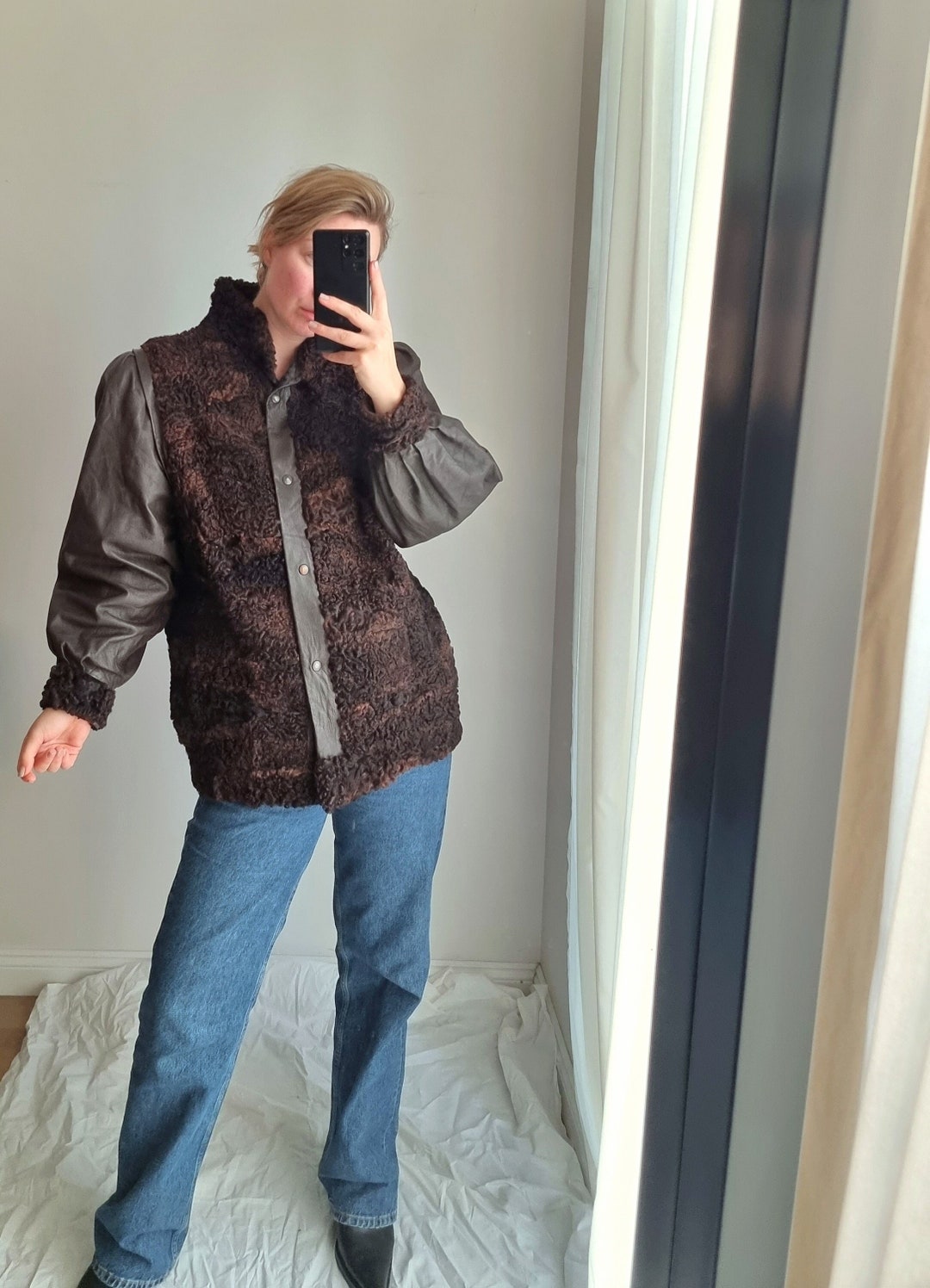 Persian Lamb Fur Coat / Karakul Jacket / Puff Sleeves Fur and Leather ...