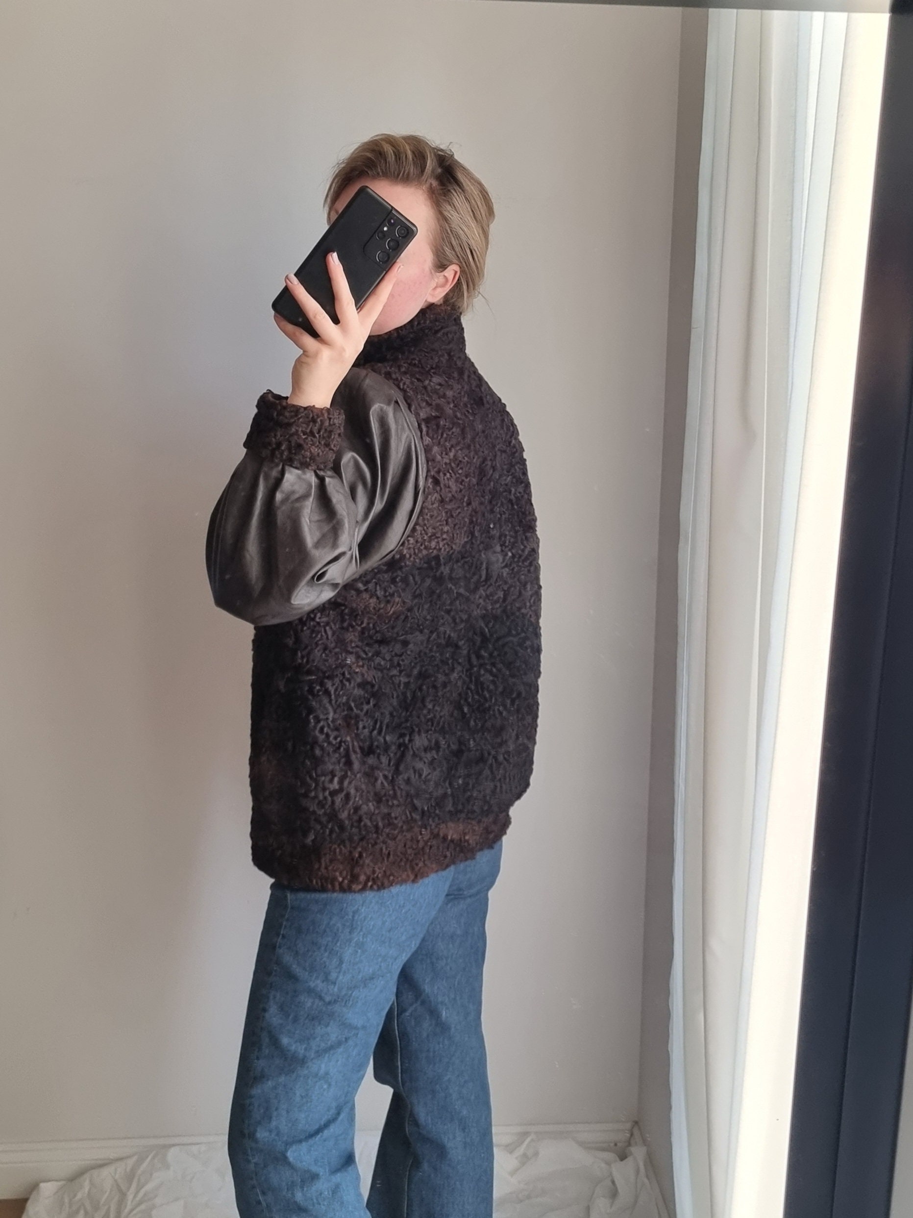 Persian Lamb Fur Coat / Karakul Jacket / Puff Sleeves Fur and Leather ...