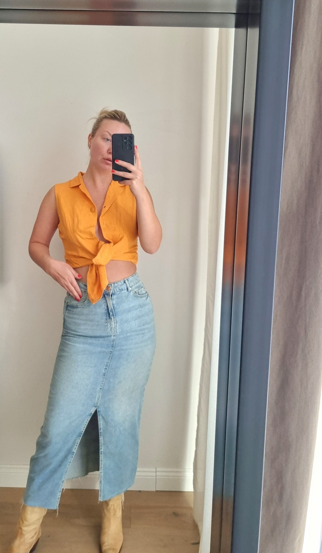 Made in France MORGAN Linen Sleeveless Shirt Blouse / Orange Linen ...