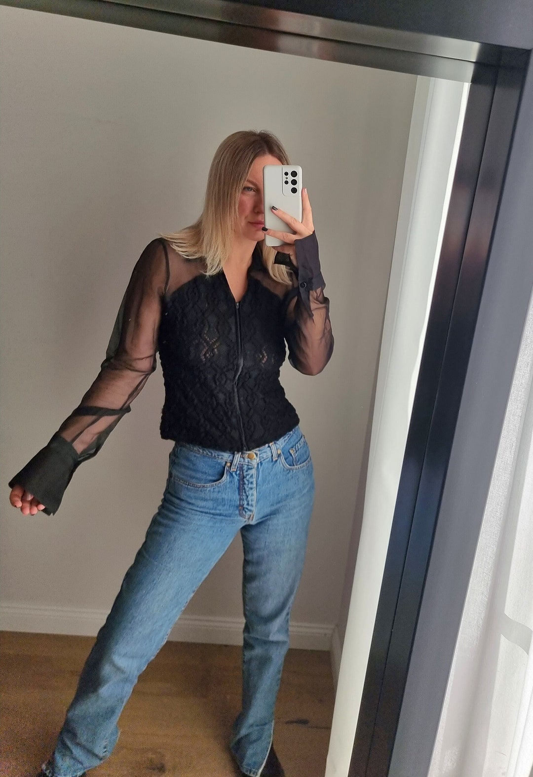 Sheer Black Shirt / Fitted Sheer Blouse / Knit Blouse / Transparent ...