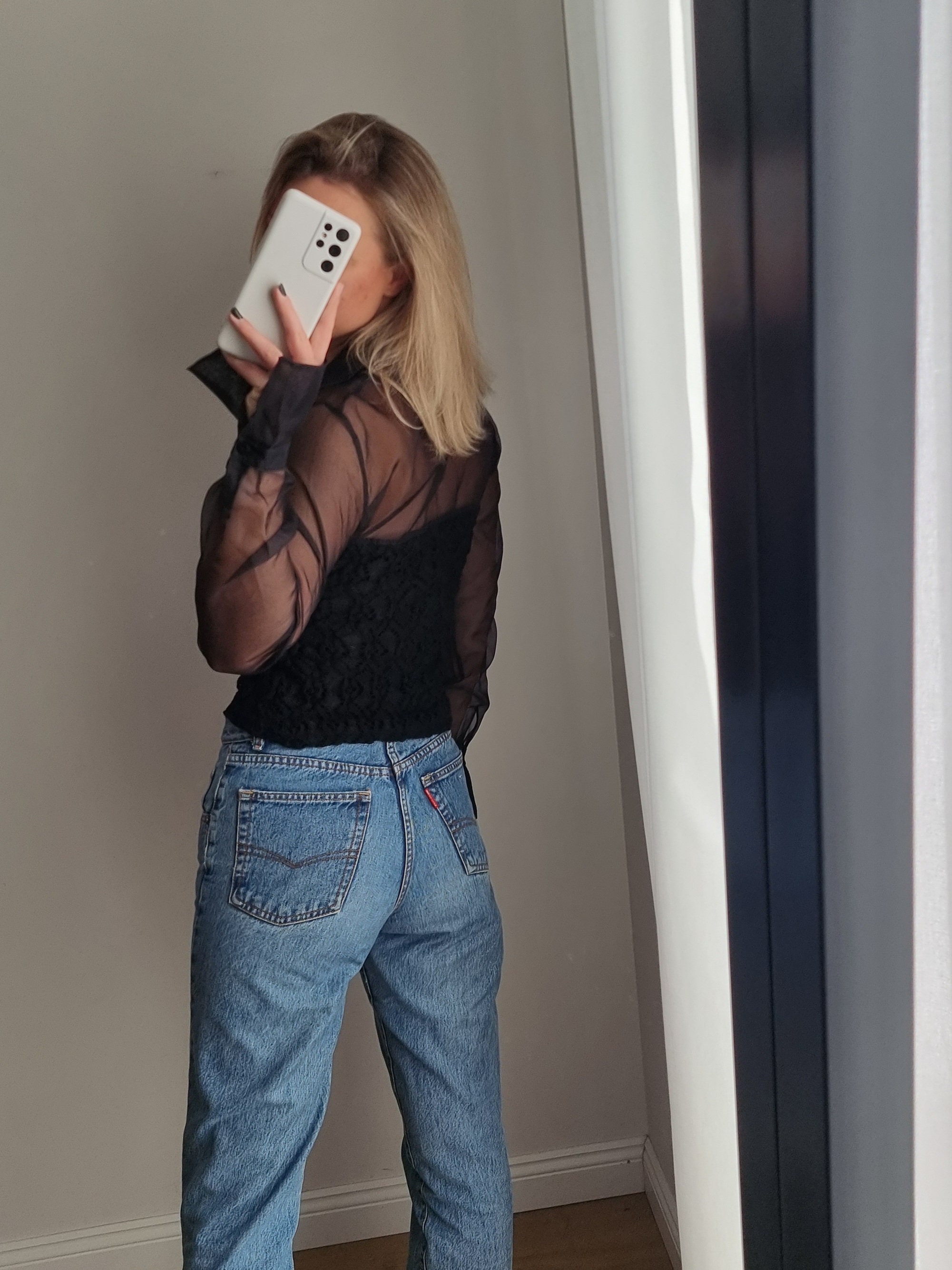 Sheer Black Shirt / Fitted Sheer Blouse / Knit Blouse / Transparent Shirt / Organza Blouse / See ...