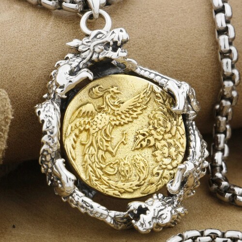Sterling Silver Phoenix & Dragon Pendant Hollow Round - Etsy