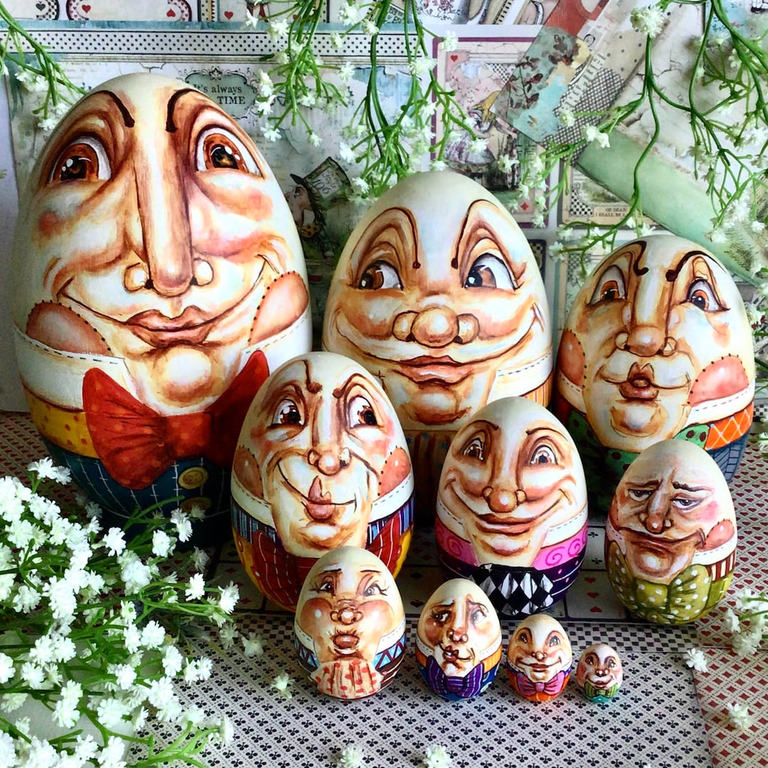 Massive Humpty Dumpty Set of 10 Nesting Egg Dolls Alice in Wonderland ...