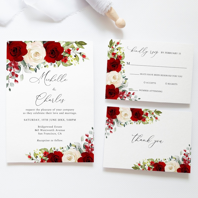 Red Floral Wedding Invitation - Etsy