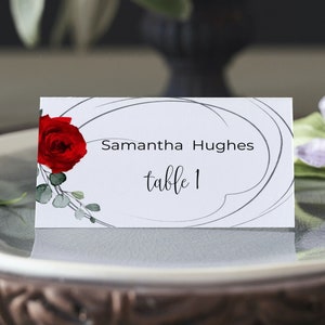 Red Roses Wedding Place Card, Red Roses Party Place Cards, Valentines ...
