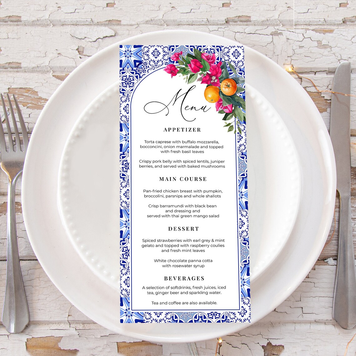 Mediterranean Menu Template, Blue Tiles Oranges Menu, Hot Pink ...