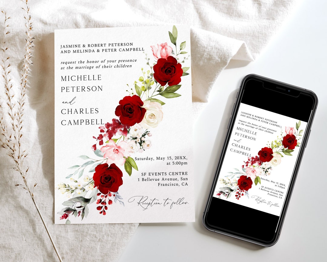 Red and White Wedding Invitation, Red Roses Wedding Invite, Floral ...