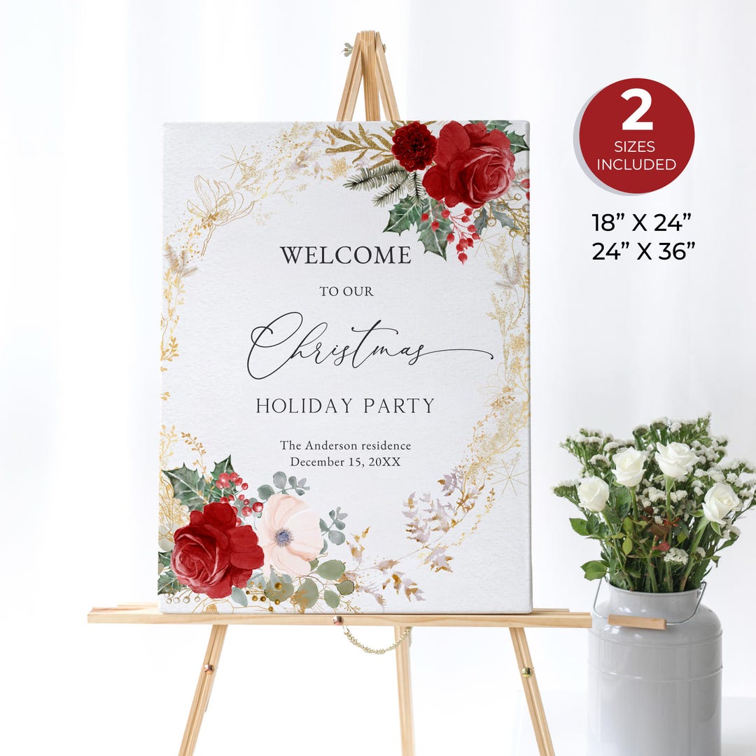 Red and Gold Christmas Party Welcome Sign, Corporate Party Holiday ...