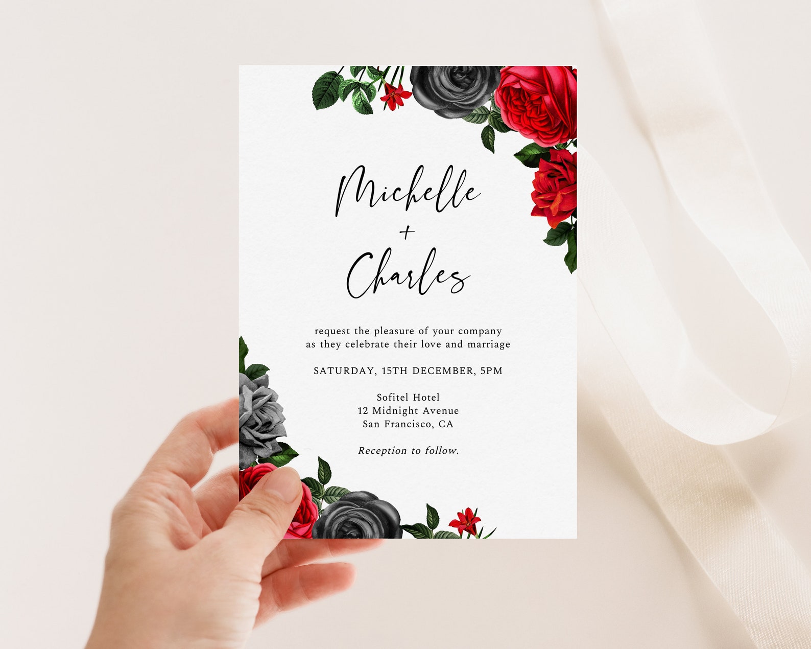 Red and Black Roses Wedding Invitation Black Tie Wedding - Etsy