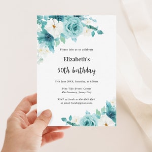 Teal Birthday Invitation, Adult Birthday, Turquoise Floral Invitation ...