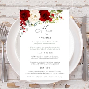 Red and White Roses Wedding Menu Template, Editable Floral Menu, Dinner ...
