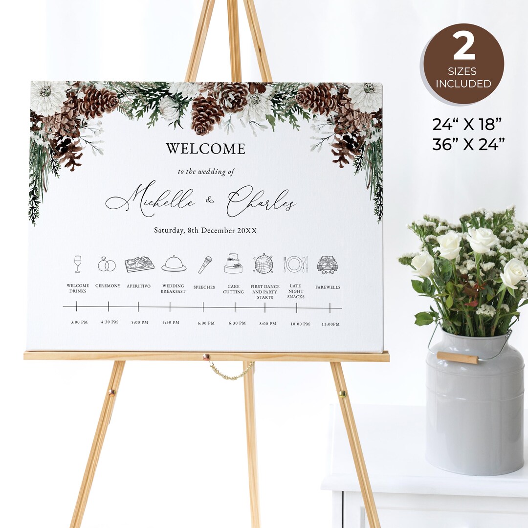 Winter Greenery Wedding Timeline Sign, Pine Cone Wedding Program ...