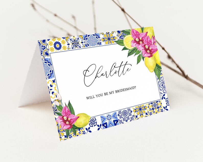 Mediterranean Lemon Bridesmaid Proposal Card, Bougainvillea Wedding ...