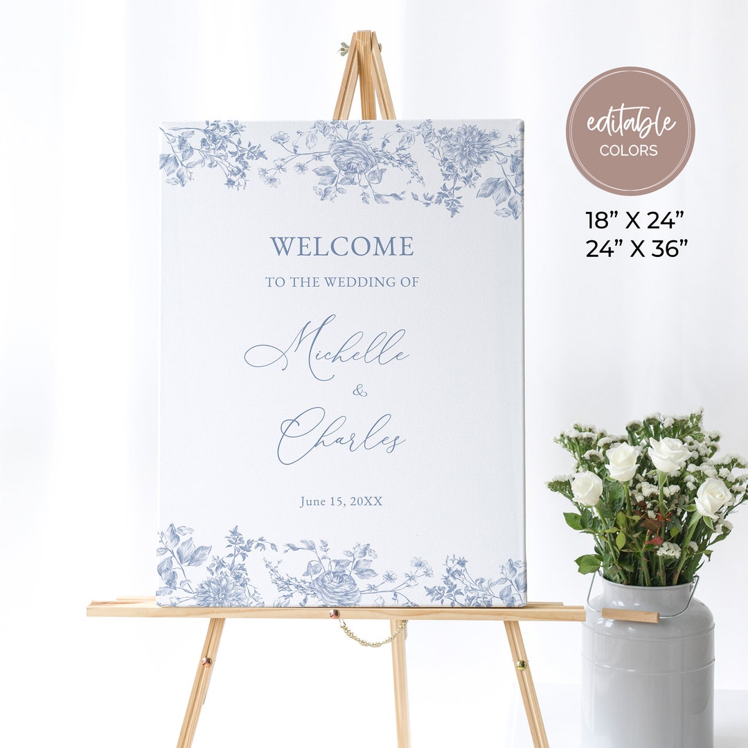 Dusty Blue Chinoiserie Welcome Sign, Blue Floral Line Art, Botanical ...