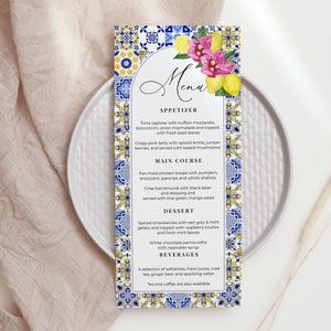 Mediterranean Lemon Menu Template, Blue Tiles Lemon Bougainvillea ...