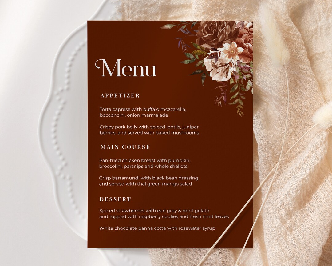 Fall Menu Template, Printable Wedding Menu, Thanksgiving Menu, Terracotta Dinner Menu, Autumn ...