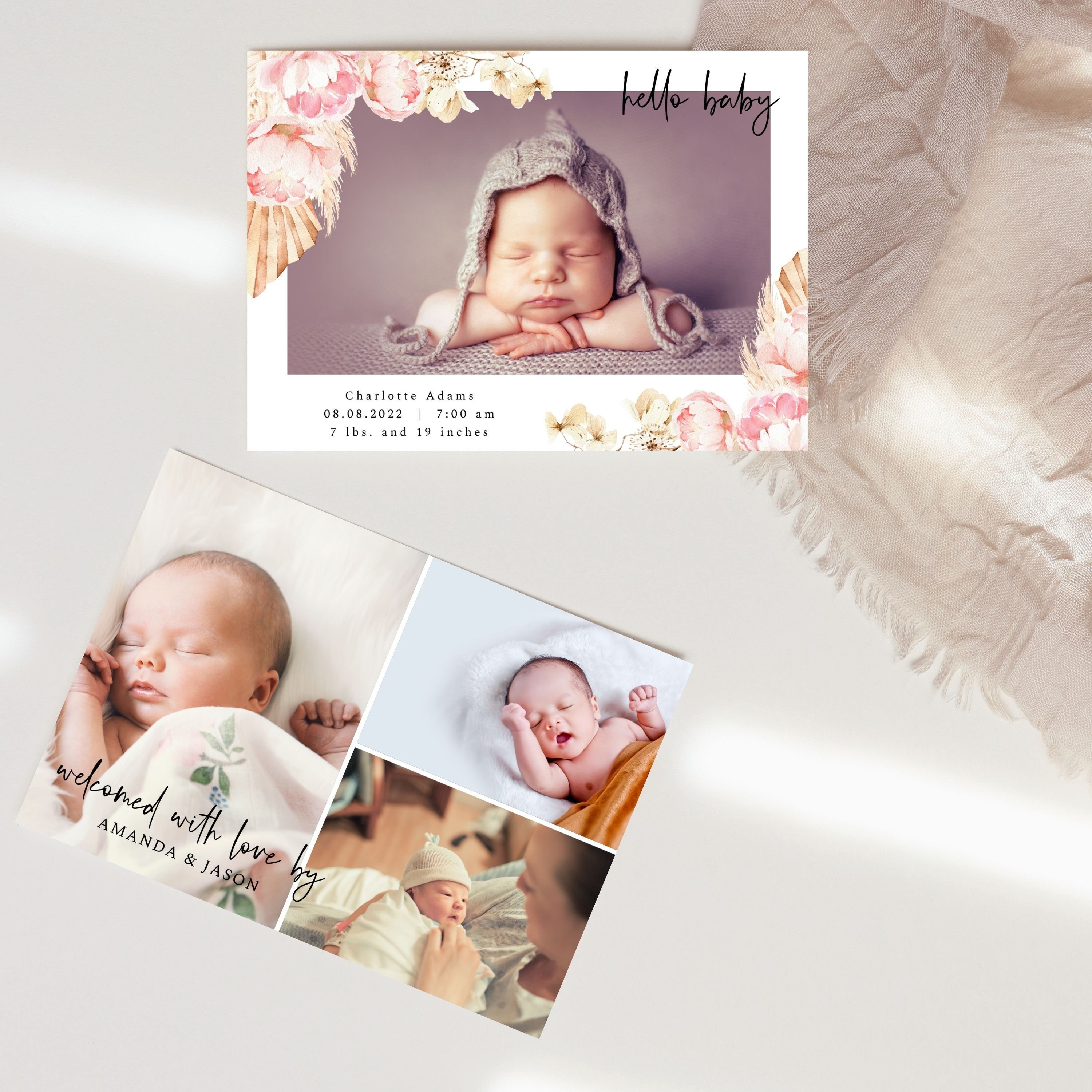 Boho Birth Announcement Card Girl, Baby Announcement Card Digital ...
