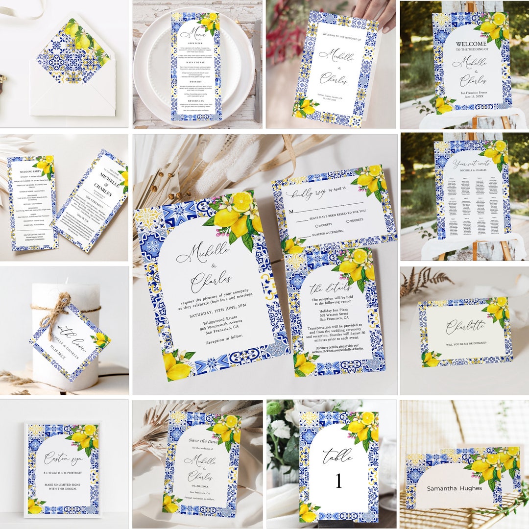 Mediterranean Lemon Wedding Invitation Bundle, Blue Azulejo Tiles ...