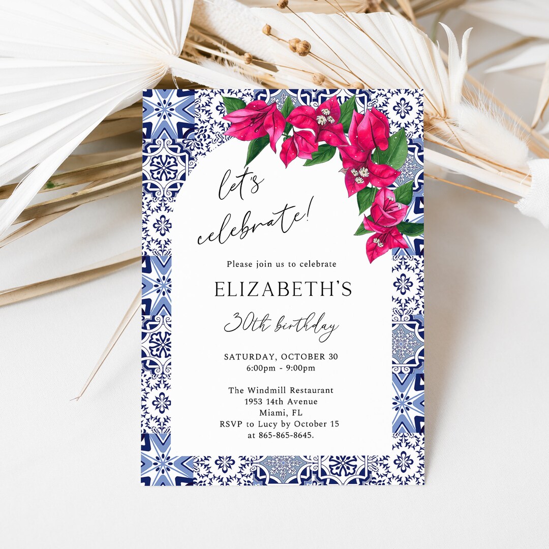 Mediterranean Birthday Invitation, Hot Pink Bougainvillea, Navy Blue ...