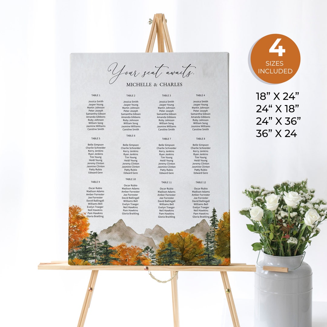 Fall Mountain Seating Sign, Pine Trees Table Numbers, Autumn Seating ...