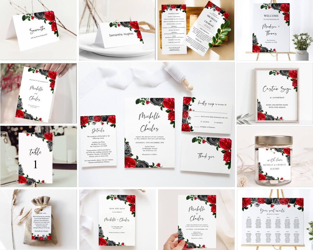 Red and Black Roses Wedding Invitation Bundle Mega Bundle - Etsy