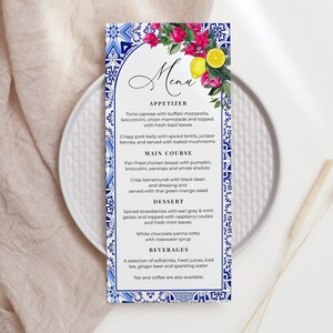 Mediterranean Lemon Menu Template, Hot Pink Bougainvillea, Blue Tiles ...