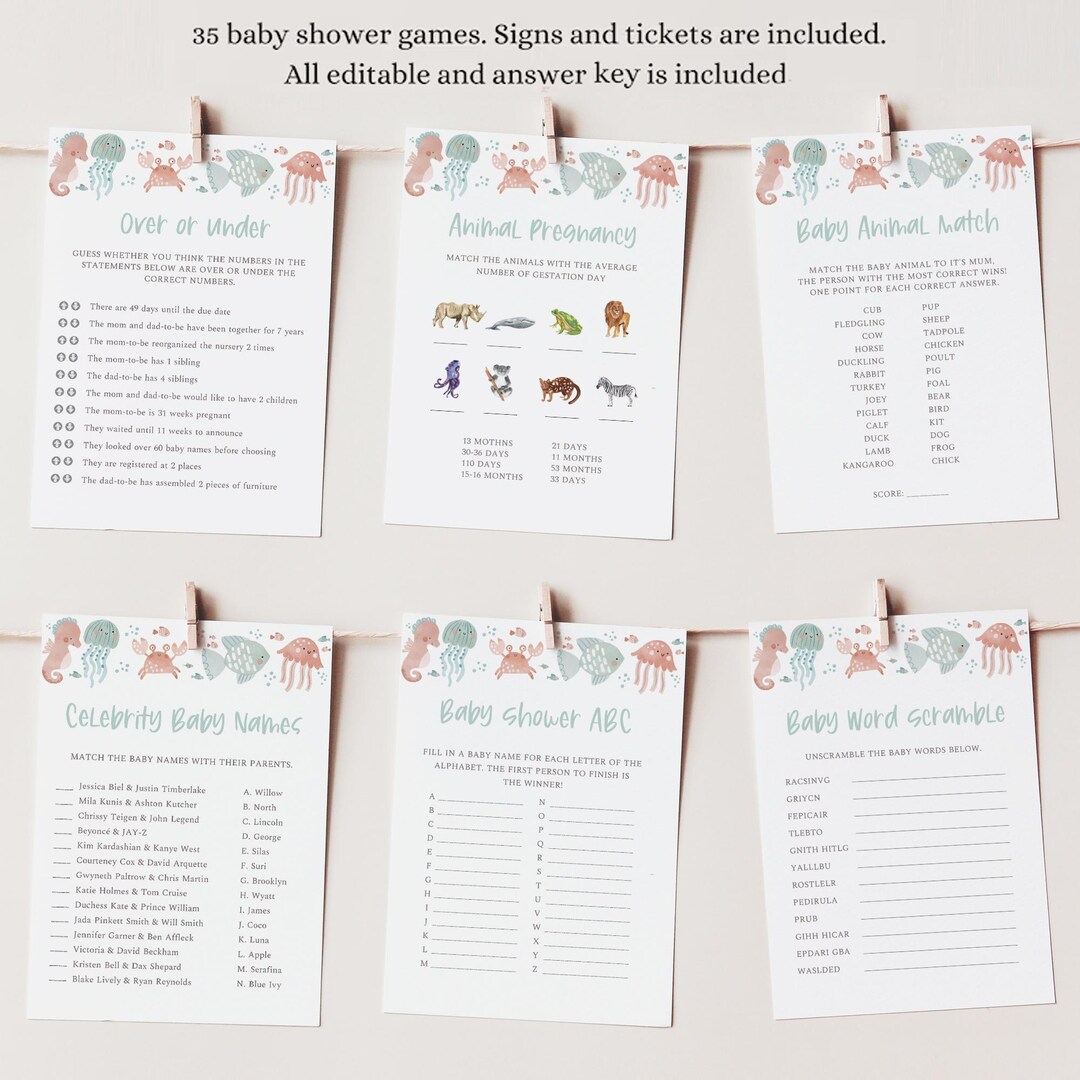 Under the Sea Baby Shower Games, Ocean Animals Baby Shower Game Signs ...