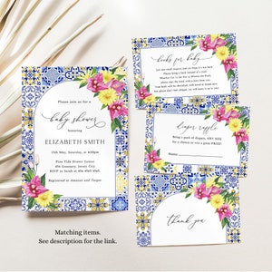 Mediterranean Baby Shower Invitation, Blue Tiles, Hot Pink ...